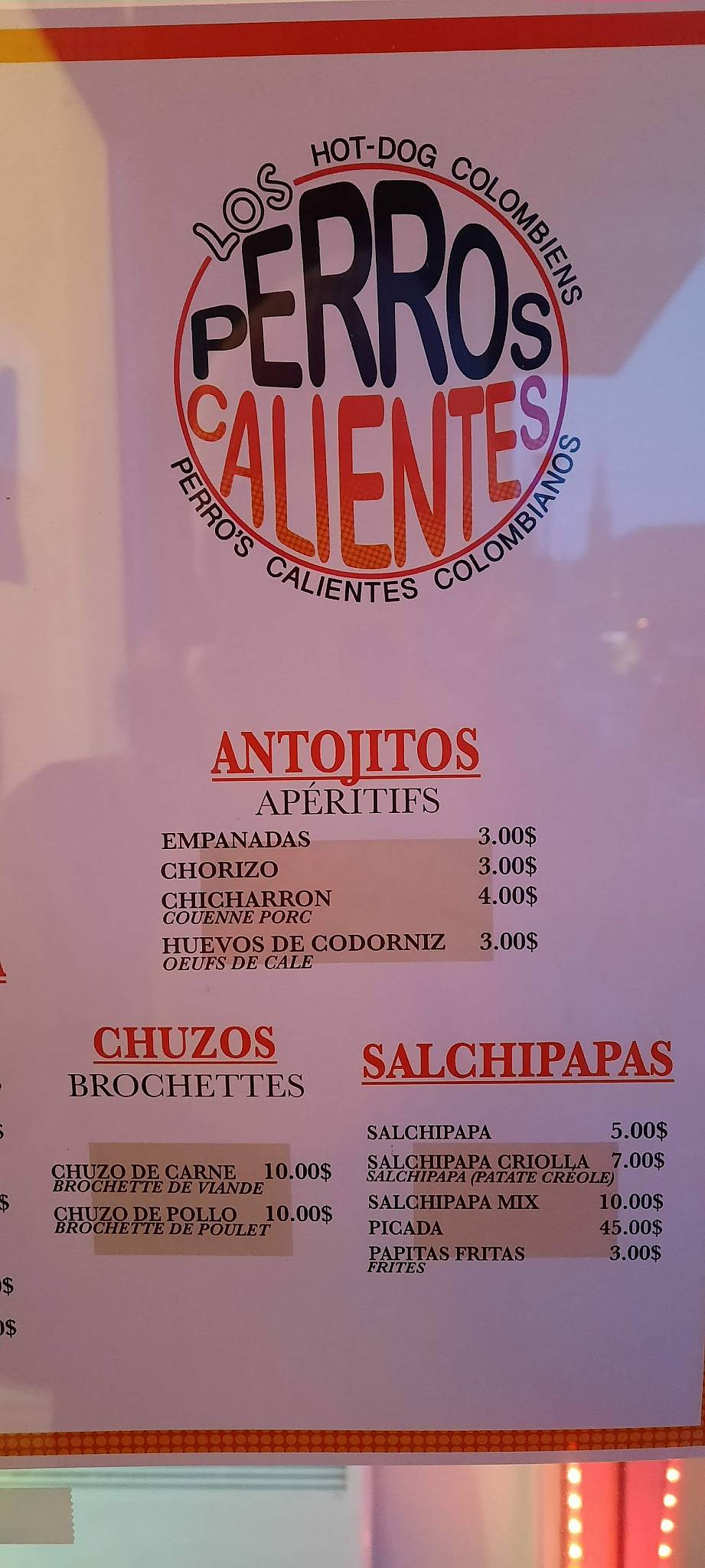 Carta del restaurante Los perros calientes Colombianos, Montréal