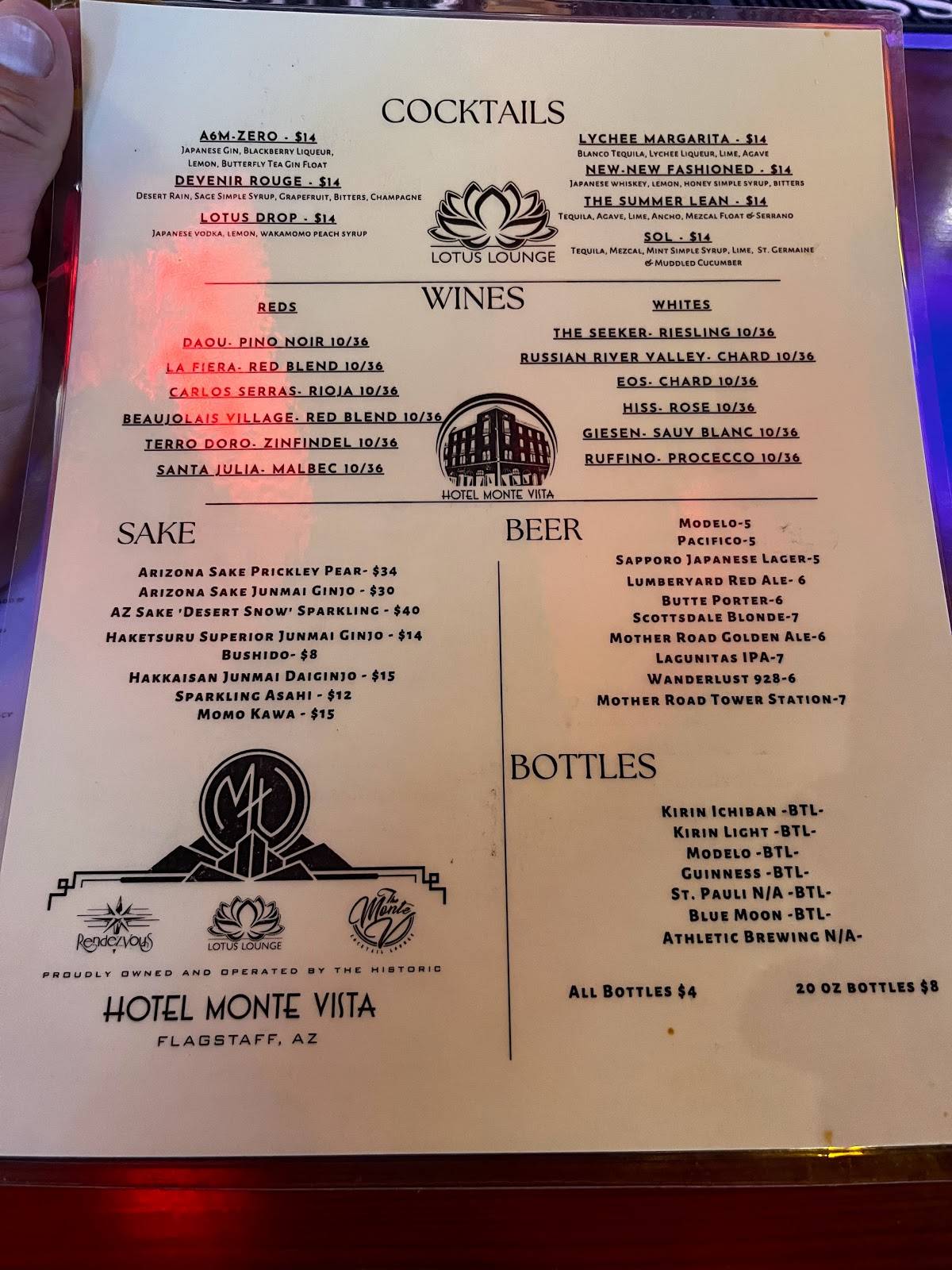 Menu at Lotus Lounge restaurant, Flagstaff