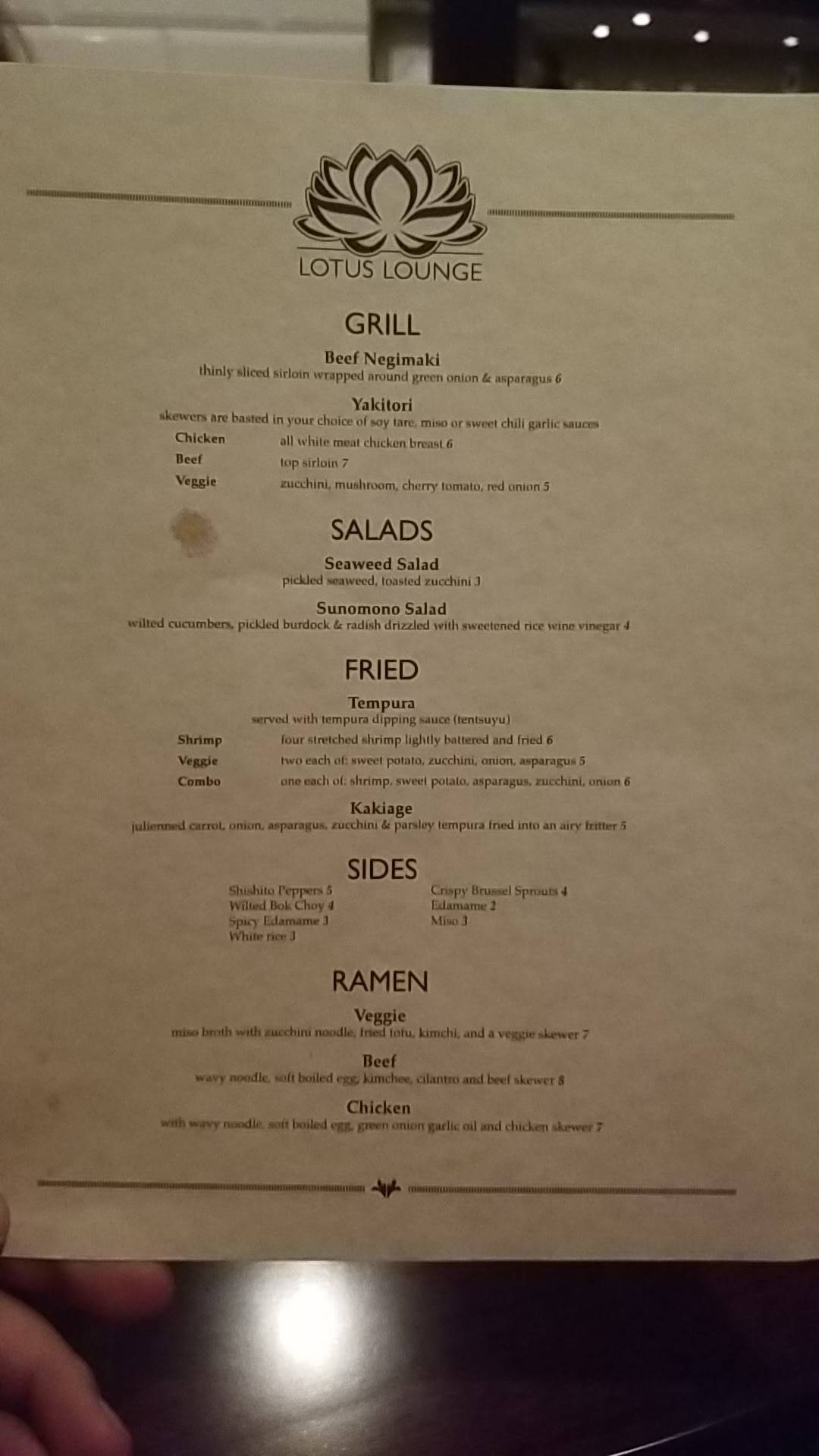 Menu at Lotus Lounge restaurant, Flagstaff