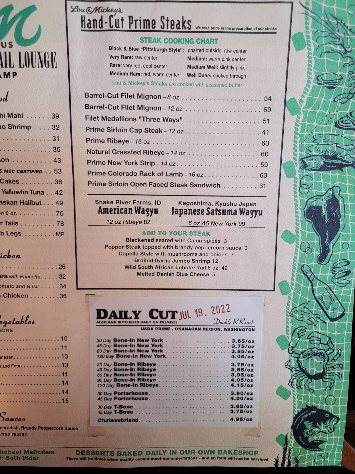 Menu at Lou & Mickey's steakhouse, San Diego