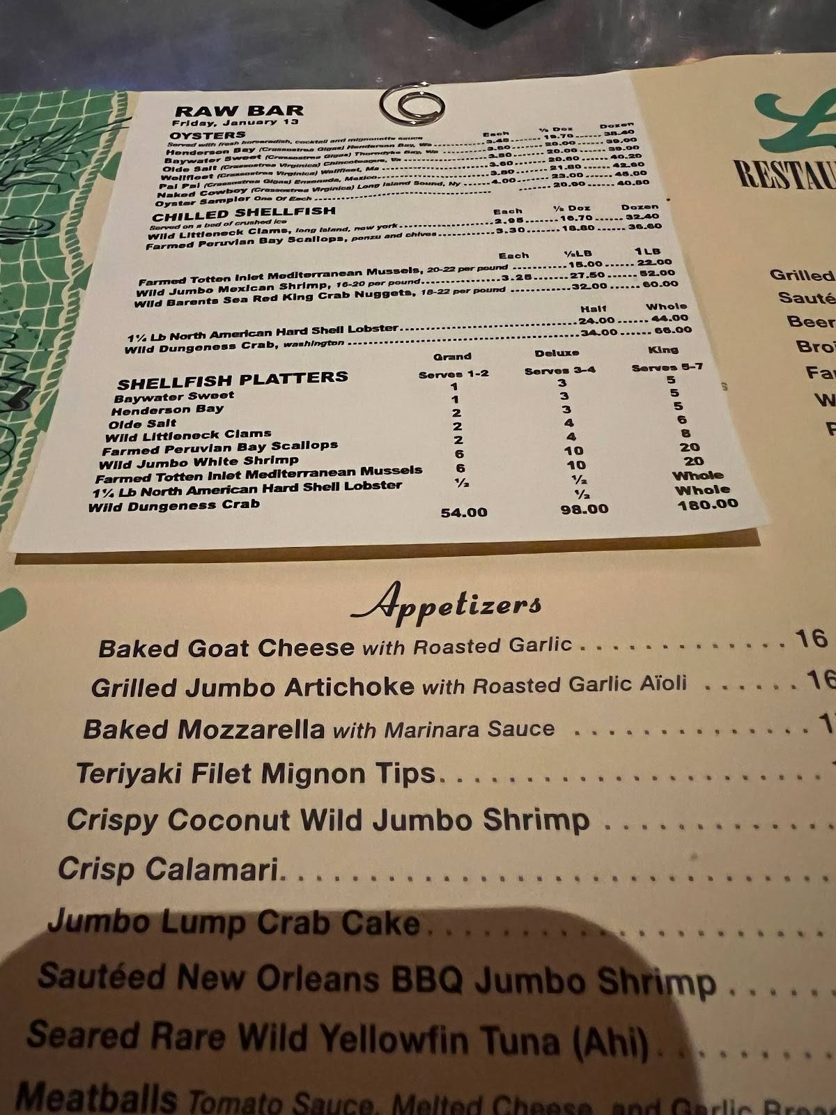 Menu at Lou & Mickey's steakhouse, San Diego