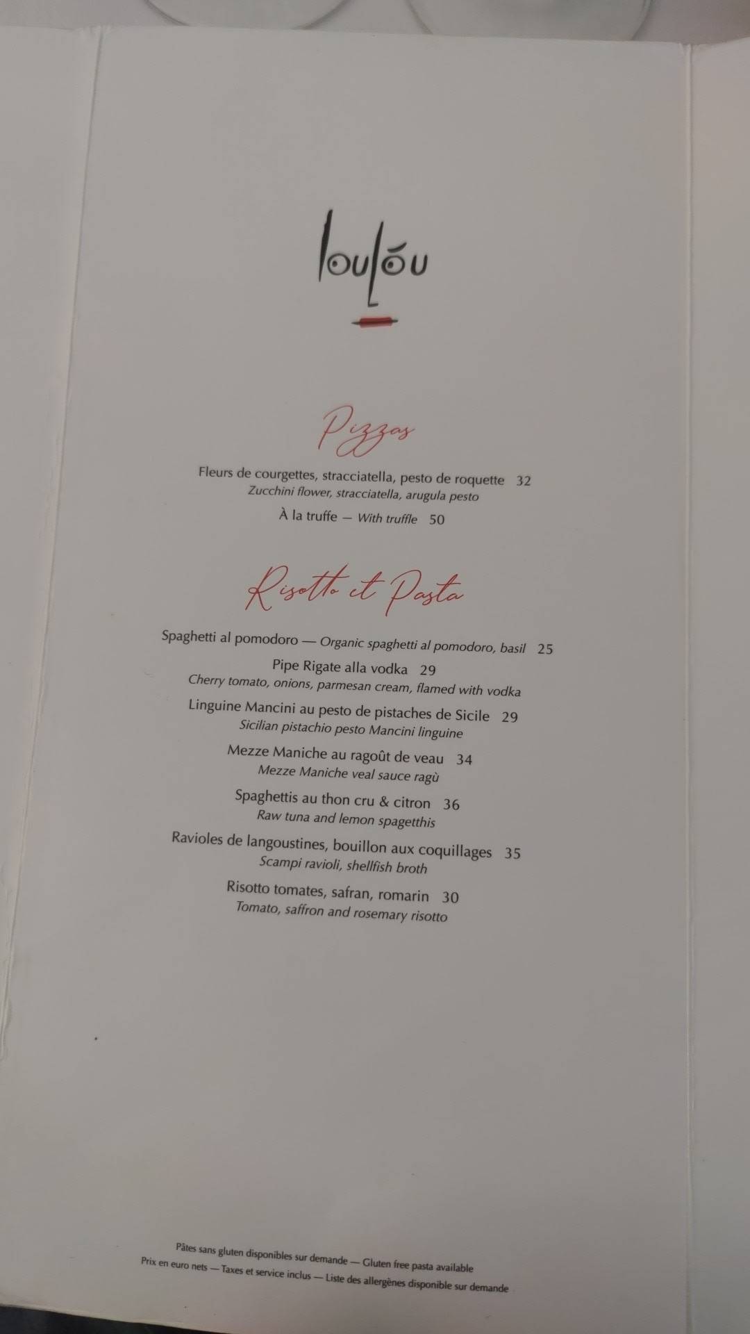 Menu at Loulou Restaurant Paris, Paris, 107 Rue de Rivoli