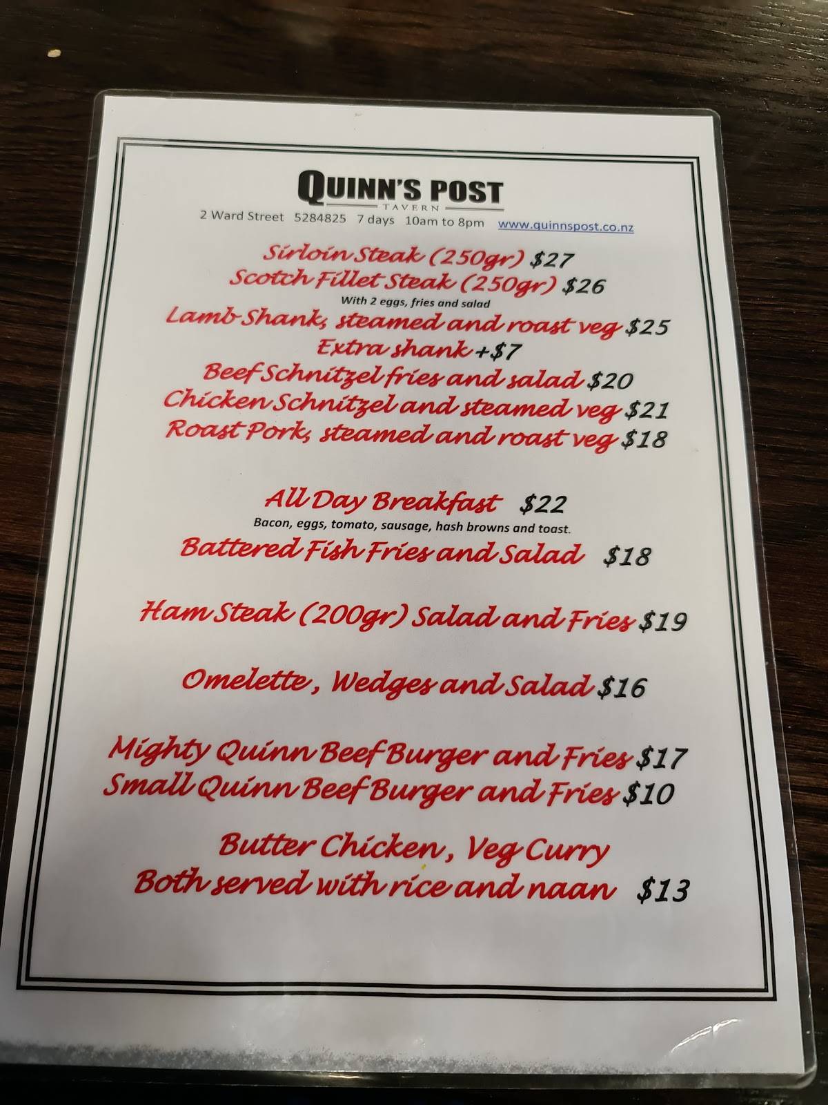 Menu at Quinns Post restaurant, Upper Hutt