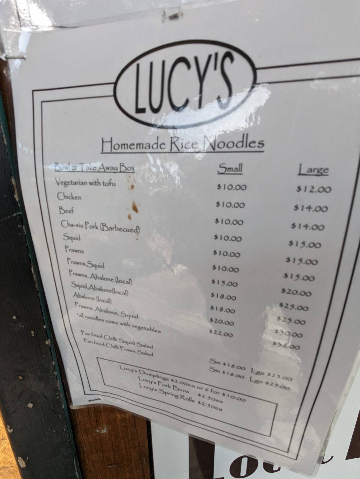 Menu at Lucy's restaurant, Mallacoota, 64 Maurice Ave