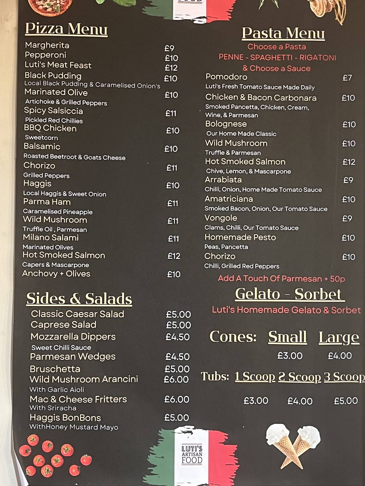 Menu at Luti’s Pizza and Pasta Parlour pizzeria, Callander