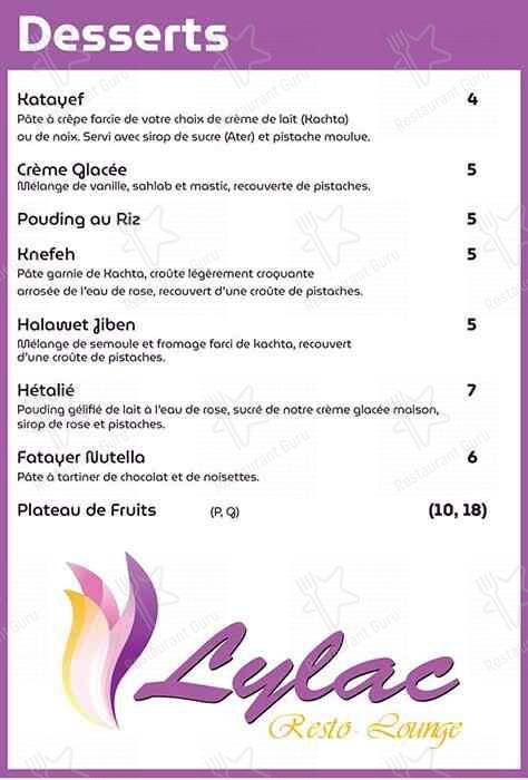 Menu at Lylac Resto lounge cafe, Montréal