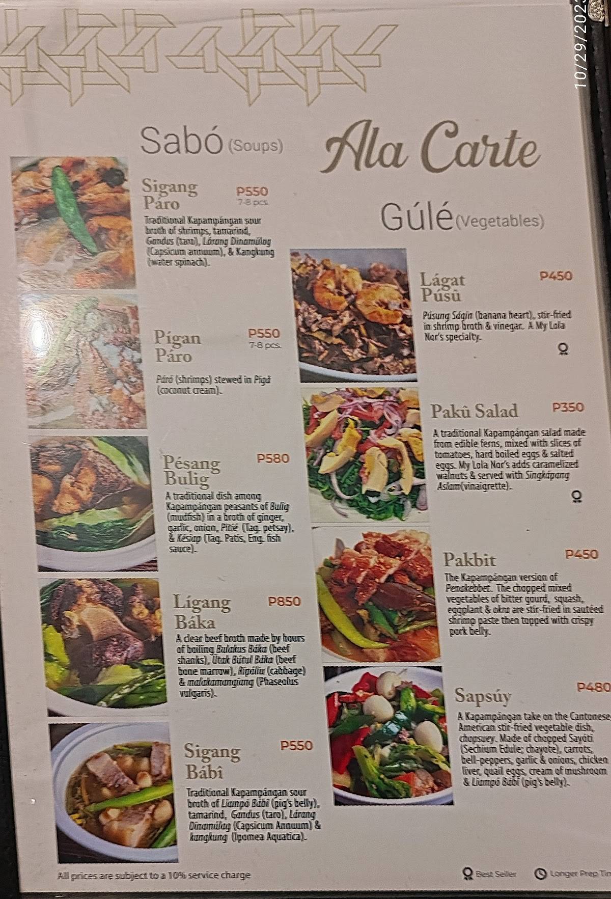 Menu at My Lola Nor's Meryendahan restaurant, Mabalacat