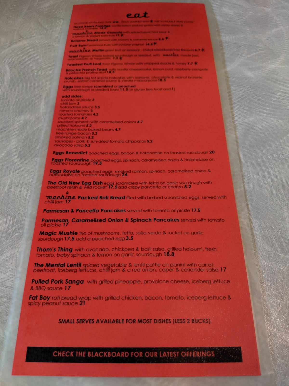 Menu at Machine Laundry Cafe, Battery Point