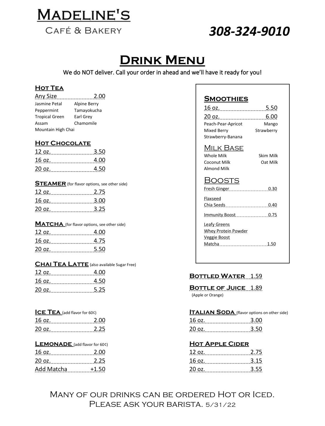 Menu at Madeline's Café & Bakery, Lexington