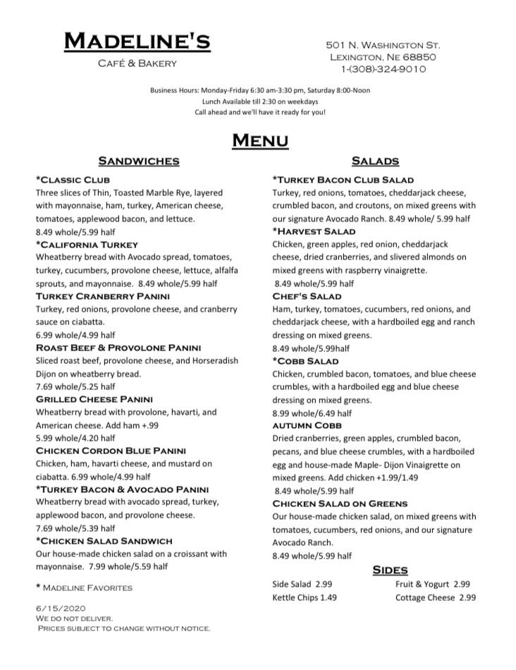 Menu at Madeline's Café & Bakery, Lexington