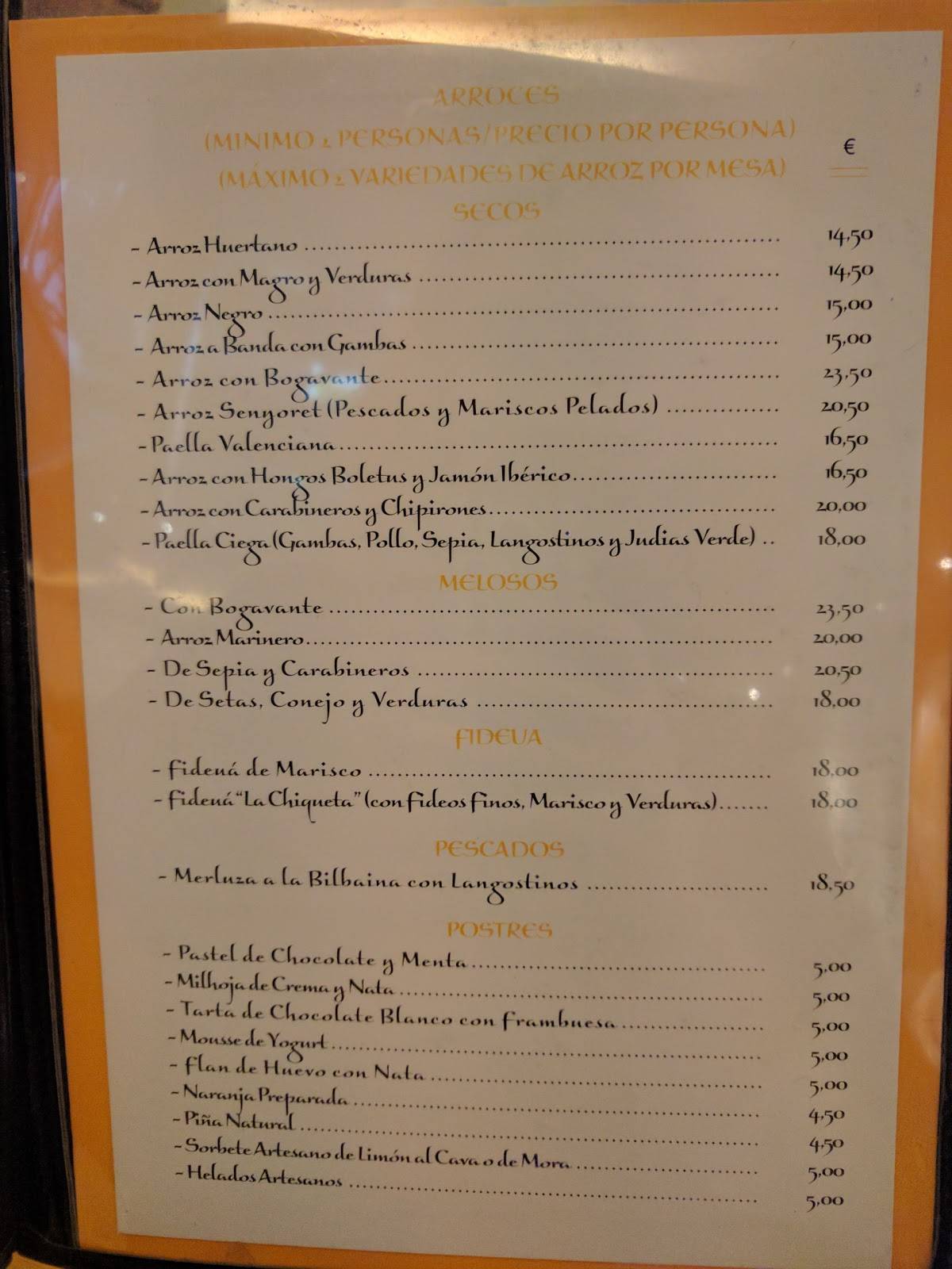 Carta de Restaurante Arrocería de María, Madrid