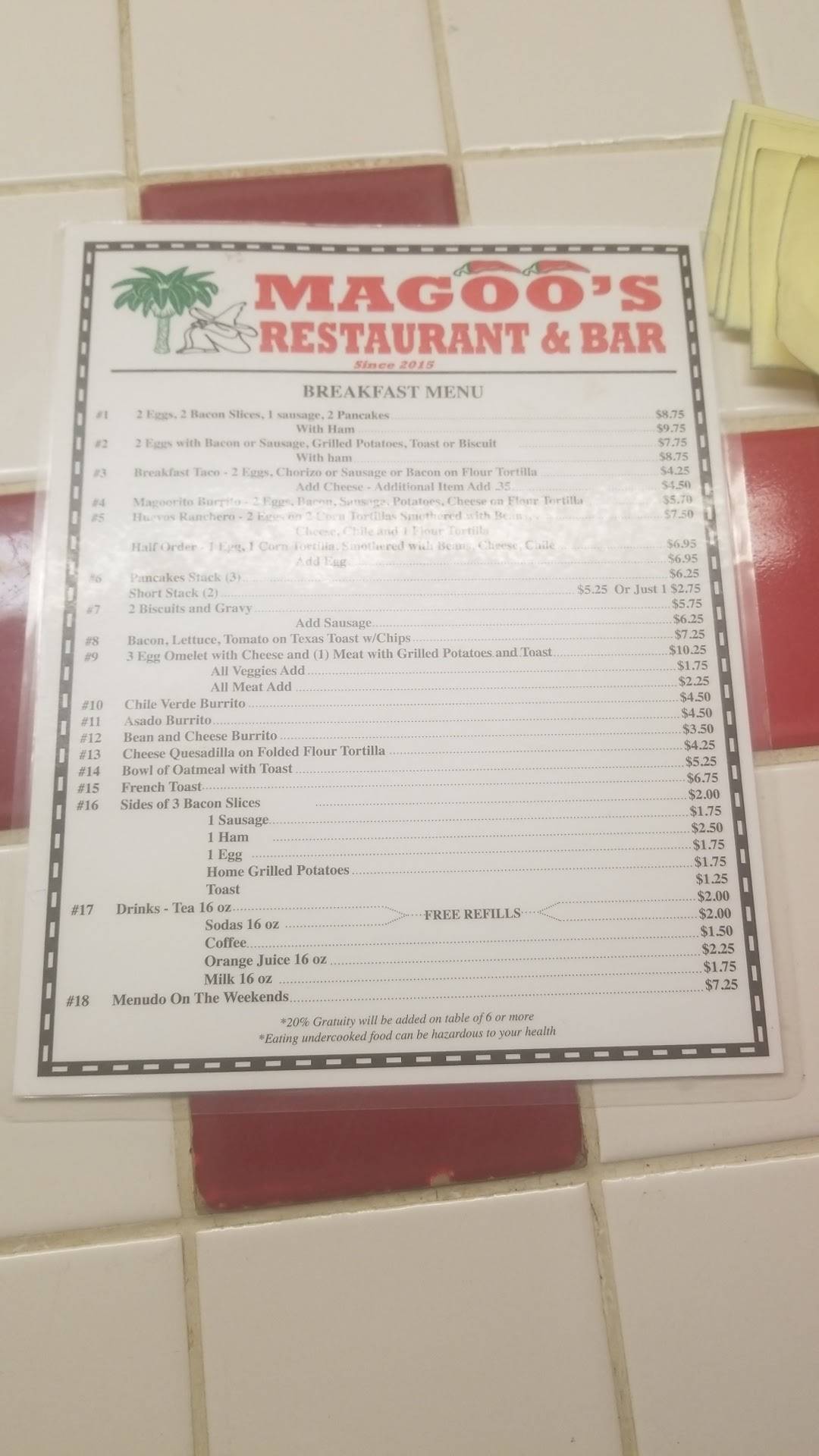 Menu at Magoo's Place restaurant, Alpine