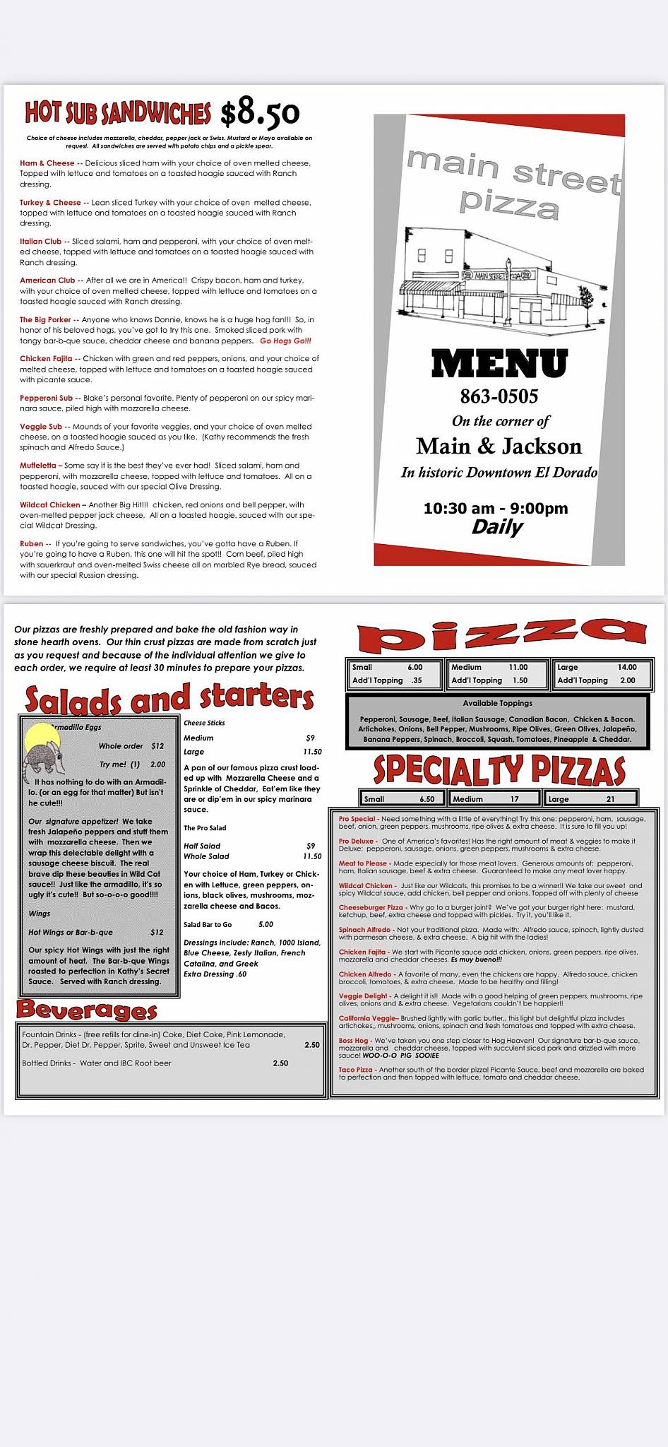 Menu at Main Street Pizza pizzeria, El Dorado