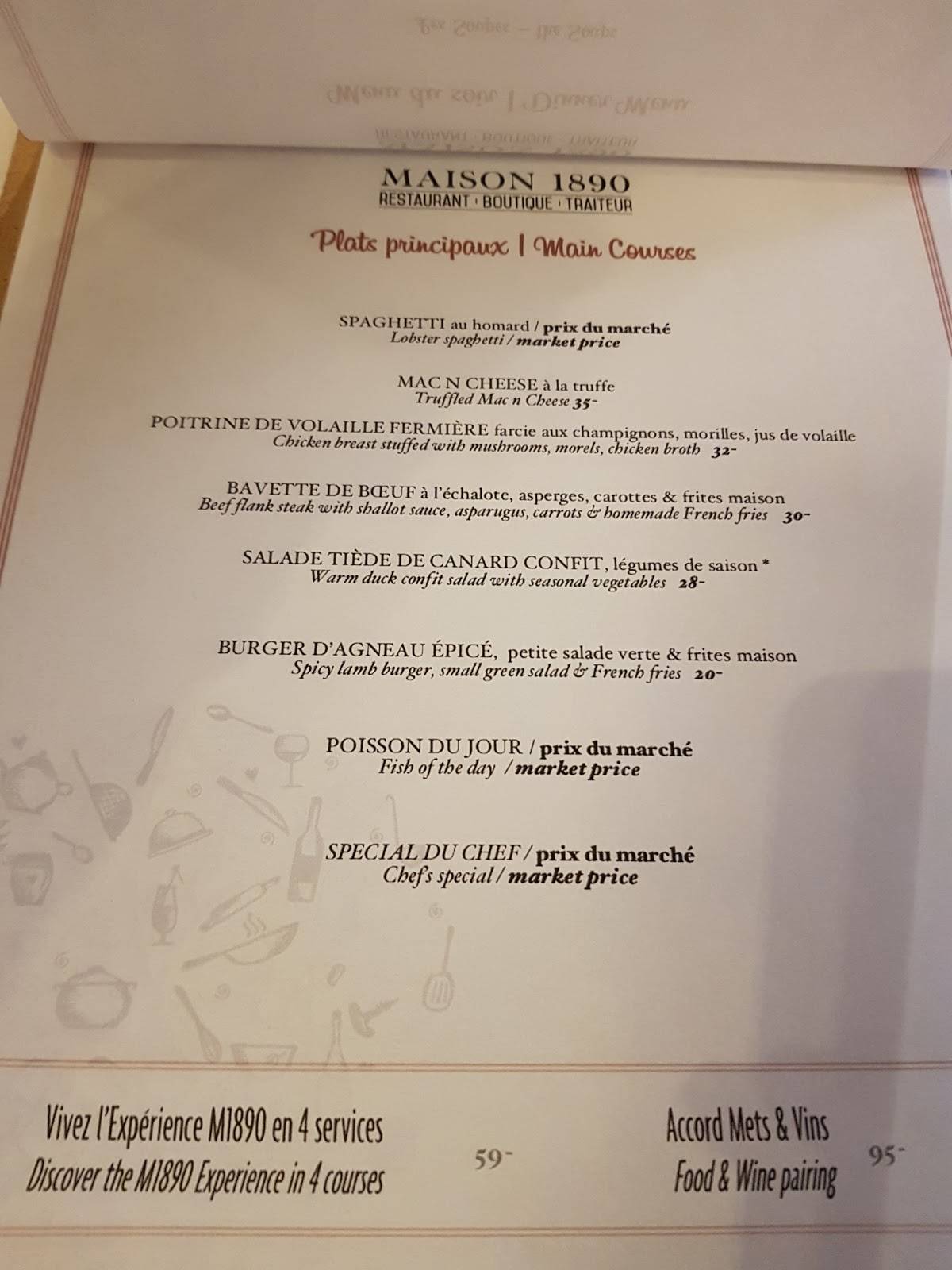 Menu au MAISON 1890 restaurant, Sainte-Agathe-des-Monts