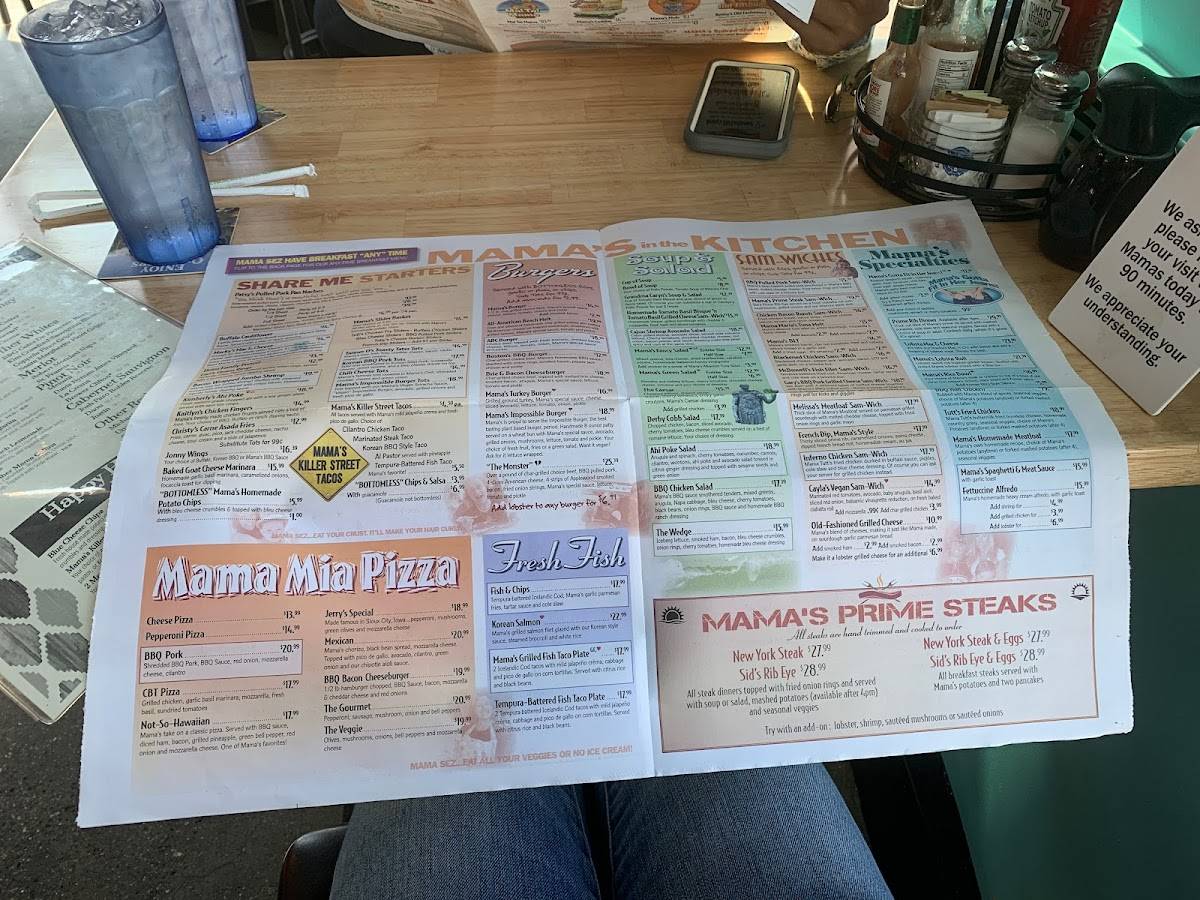 Menu at Mamas' In The Kitchen restaurant, Alberta Beach