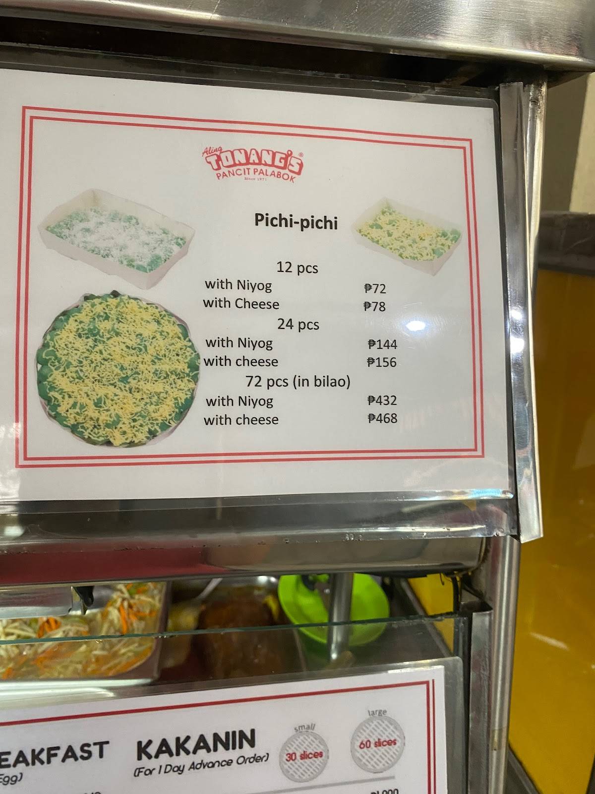 Menu at Aling Tonang's Palabok restaurant, Mandaluyong