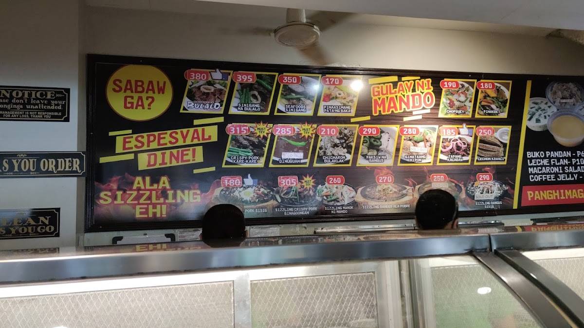 Menu at Mando And Elvie's Lutong Bahay restaurant, Santo Tomas
