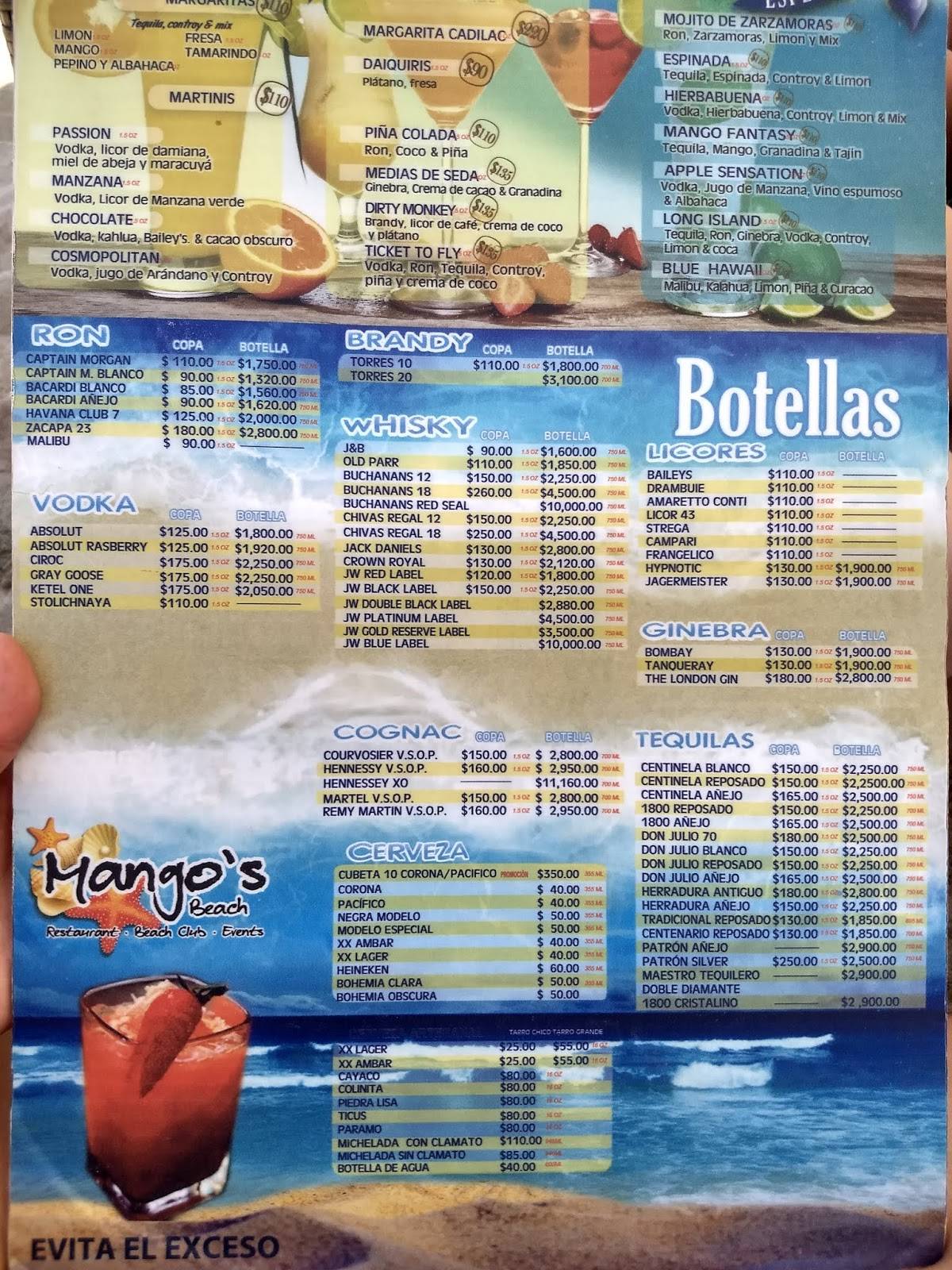 Menu at Mangos Beach Club, Puerto Vallarta