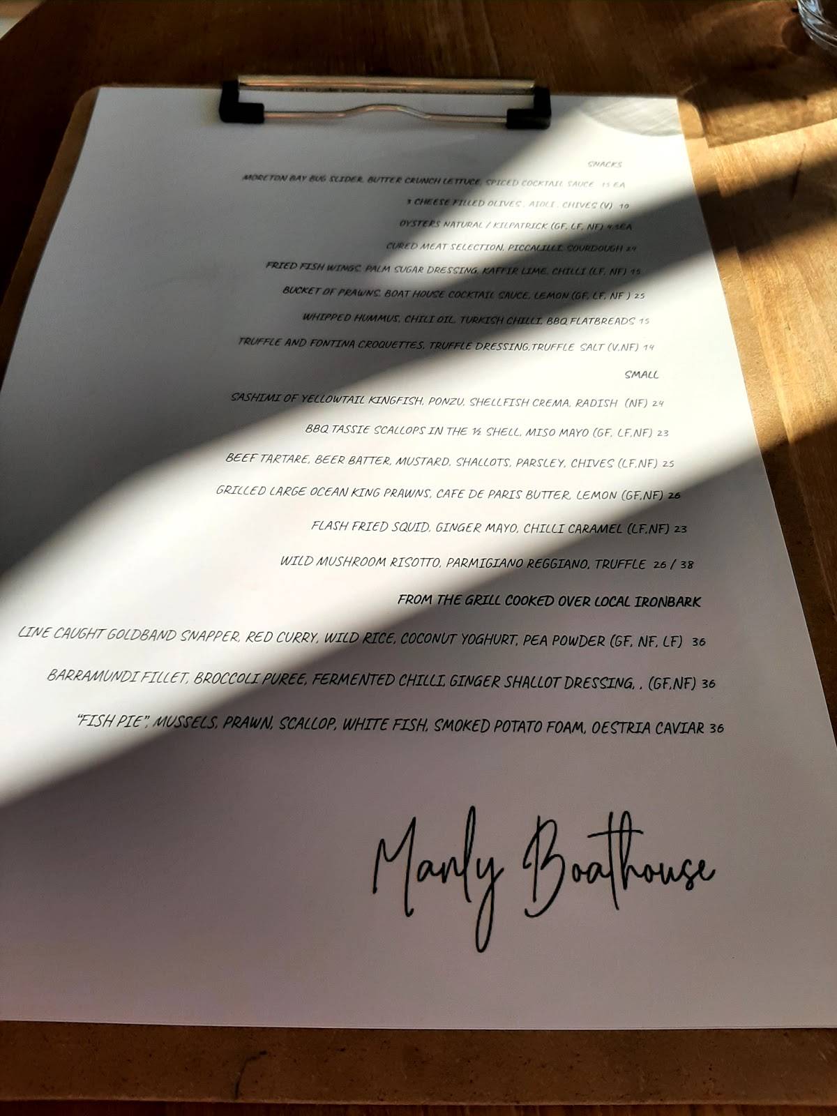 Menu at Manly Boathouse restaurant, Manly