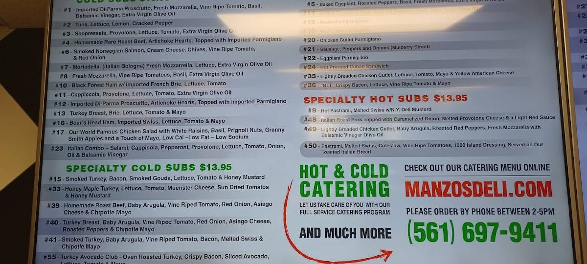 Menu at Manzo's Italian Deli restaurant, West Palm Beach