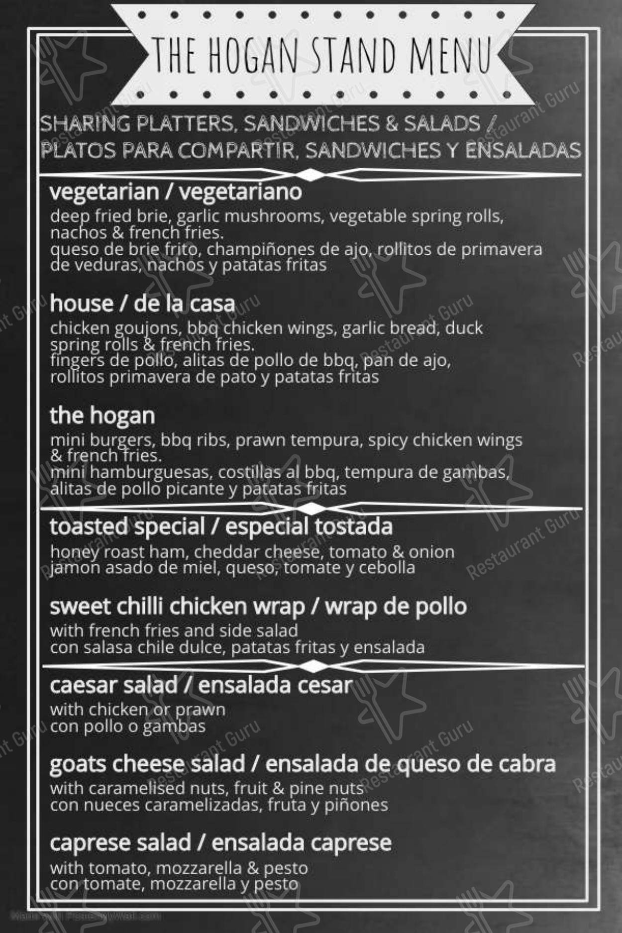 Menu at The Hogan Stand restaurant, San Pedro de Alcántara
