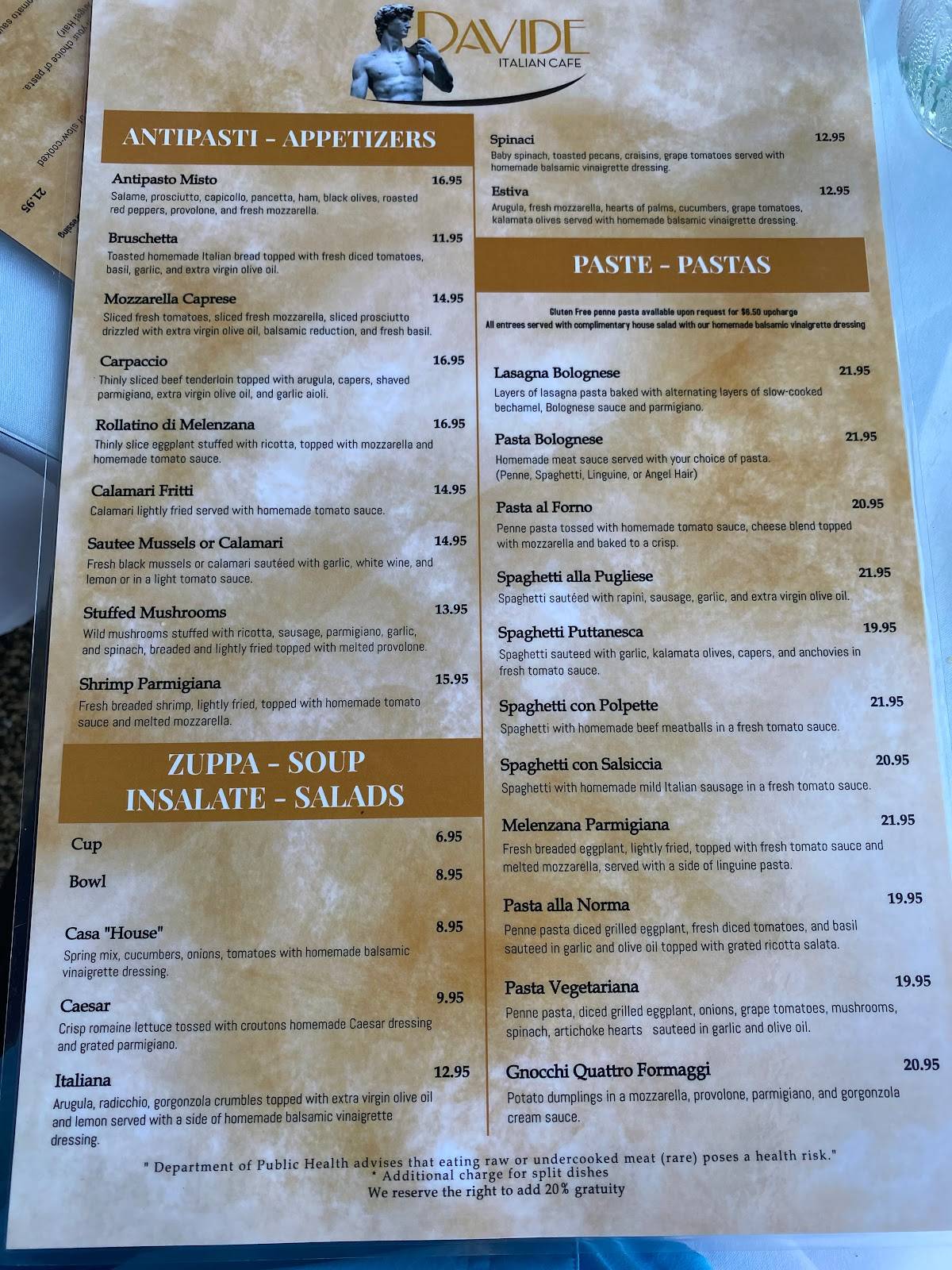 Menu at Davide Italian Cafe, Marco Island