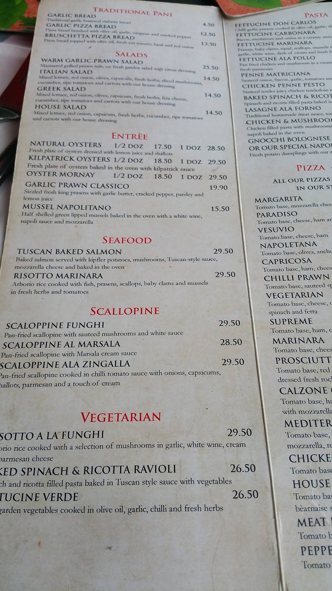 Menu at Marinara Trattoria restaurant, Paddington