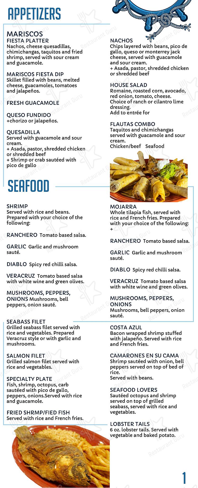 Menu at Mariscos Altamar restaurant, Los Lunas
