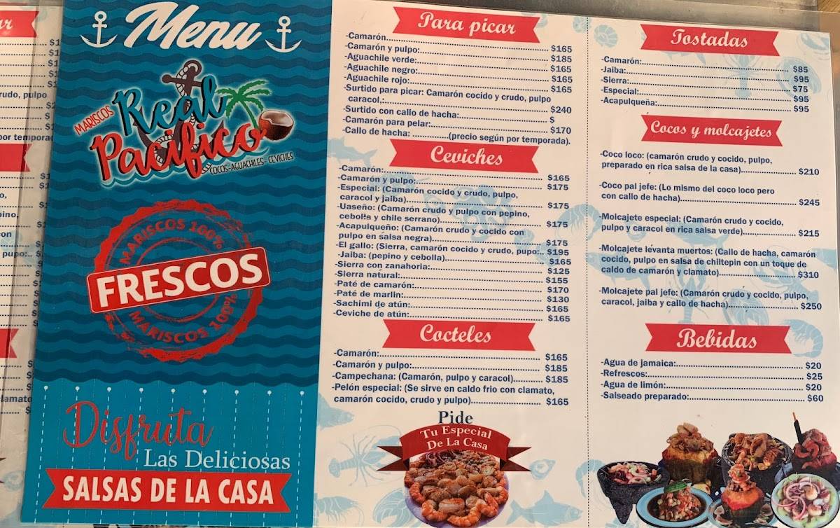 Carta del restaurante Mariscos Real Pacífico, Mazatlán