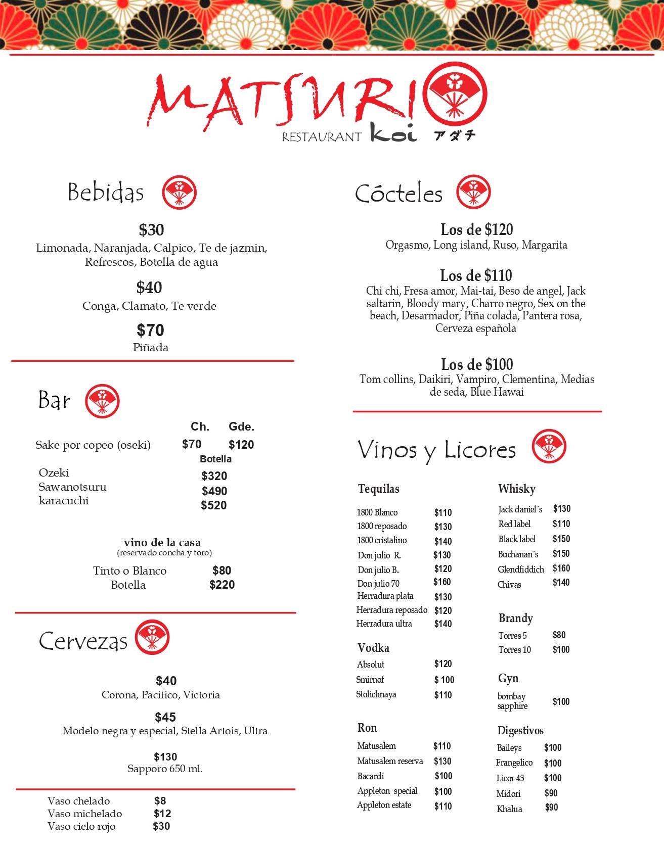 Menu at Matsuri Koi restaurant, Bucerías