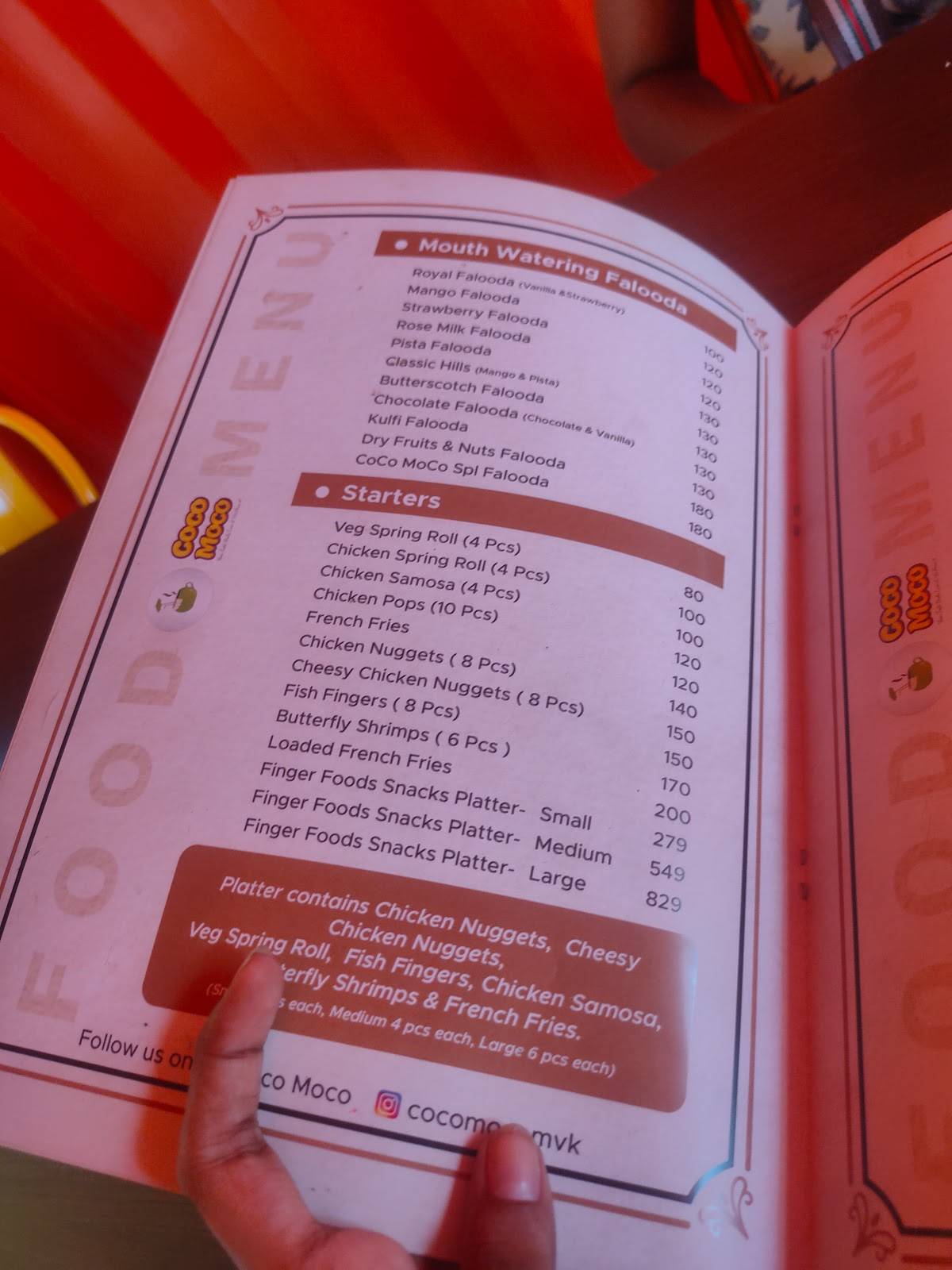 Menu at CoCo MoCo, Mavelikara