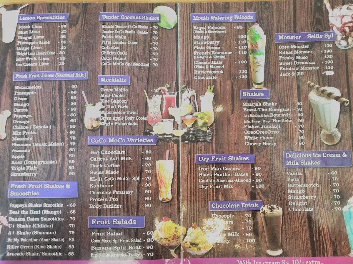 Menu at CoCo MoCo, Mavelikara