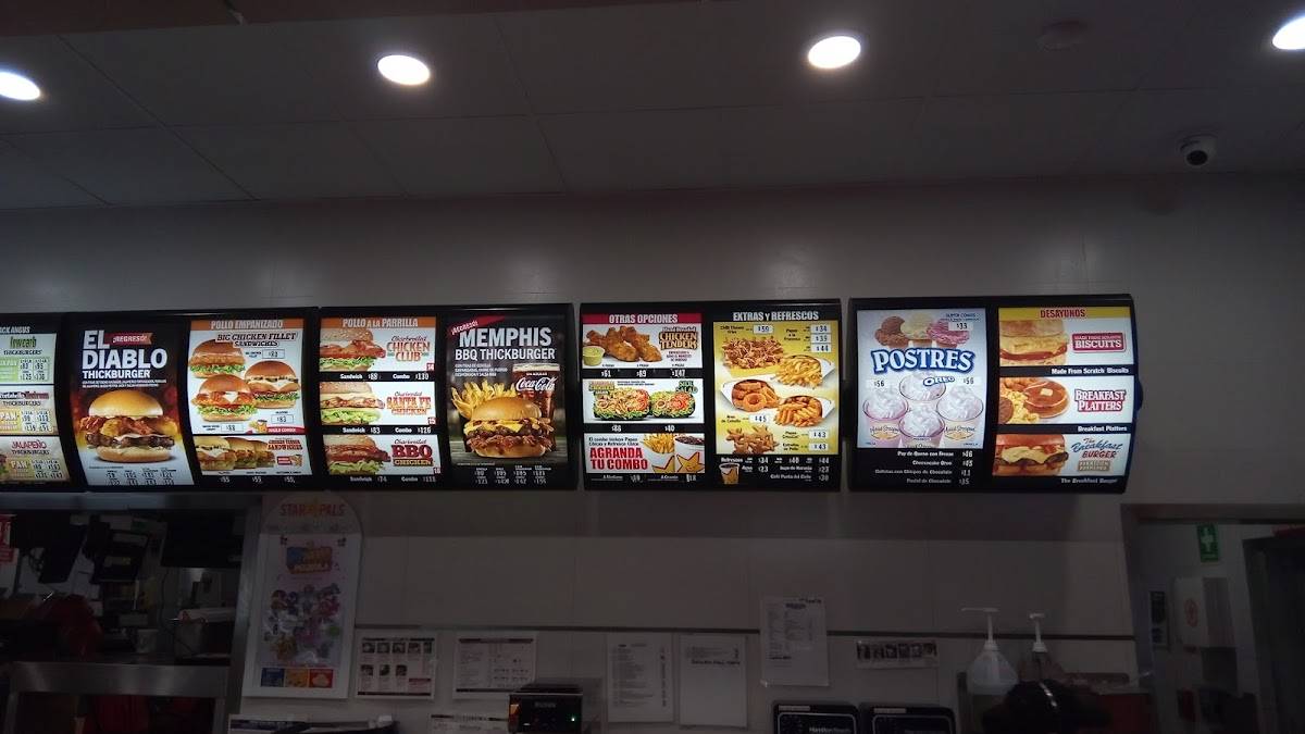 Menu at Carl's Jr. restaurant, Mazatlán, Av. de la Marina 400