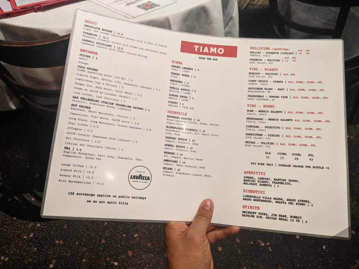 Menu at Tiamo restaurant, Carlton