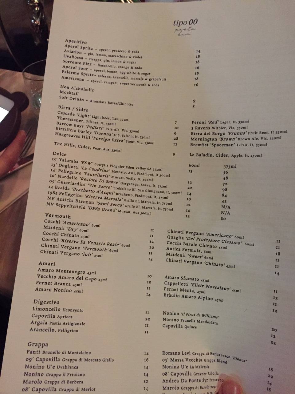 Menu at Tipo 00 restaurant, Melbourne