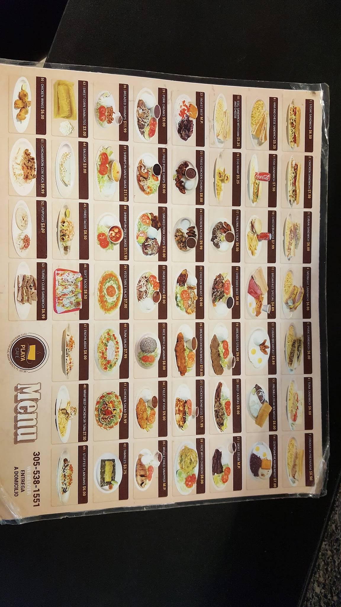 Menu at Playa Cafe, Miami Beach