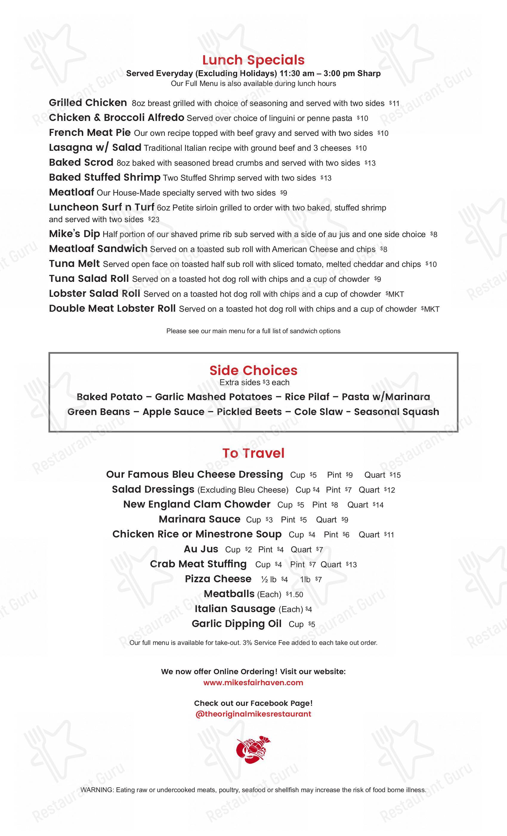 Menu at Mike's Restaurant, Fairhaven