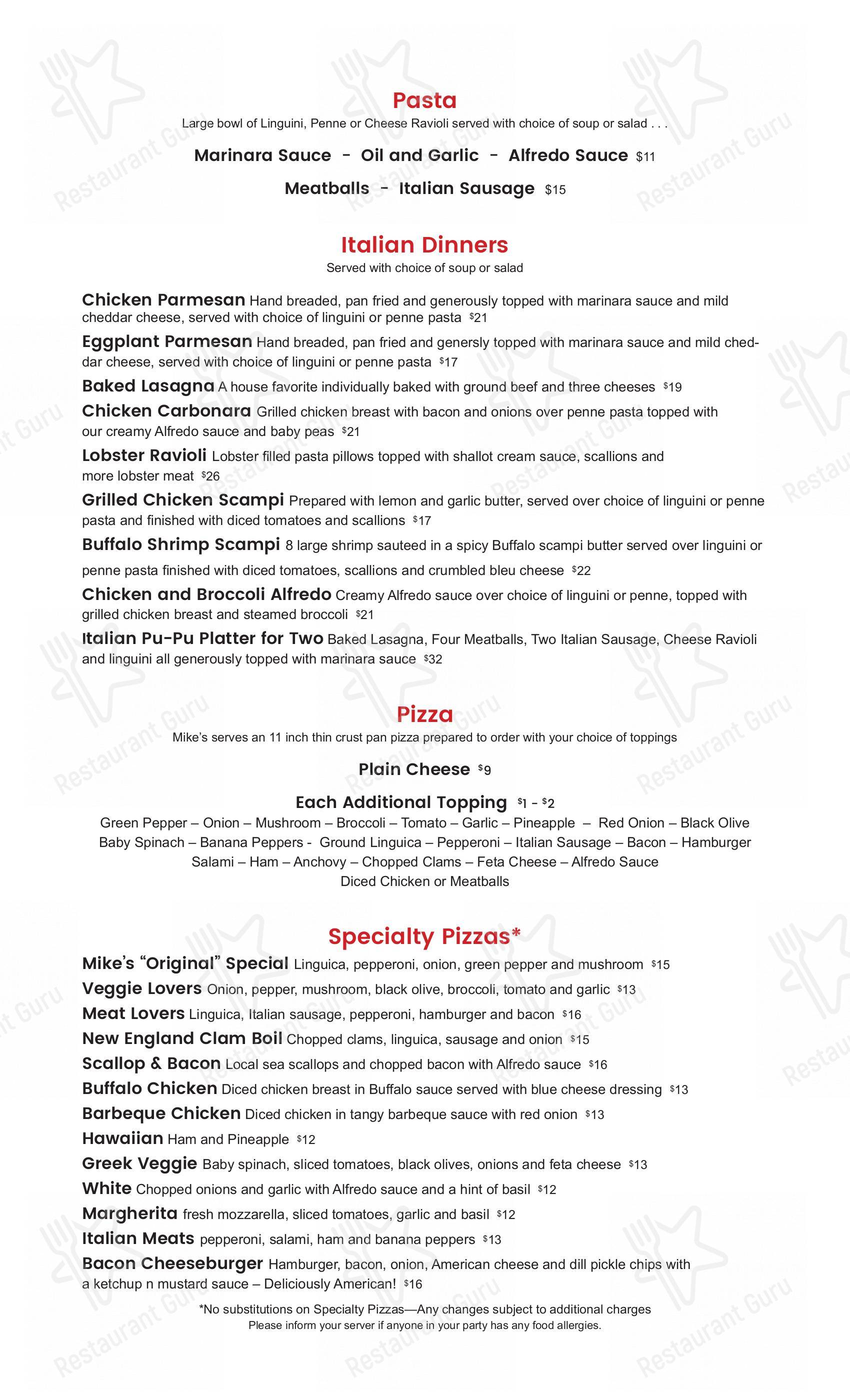 Menu at Mike's Restaurant, Fairhaven