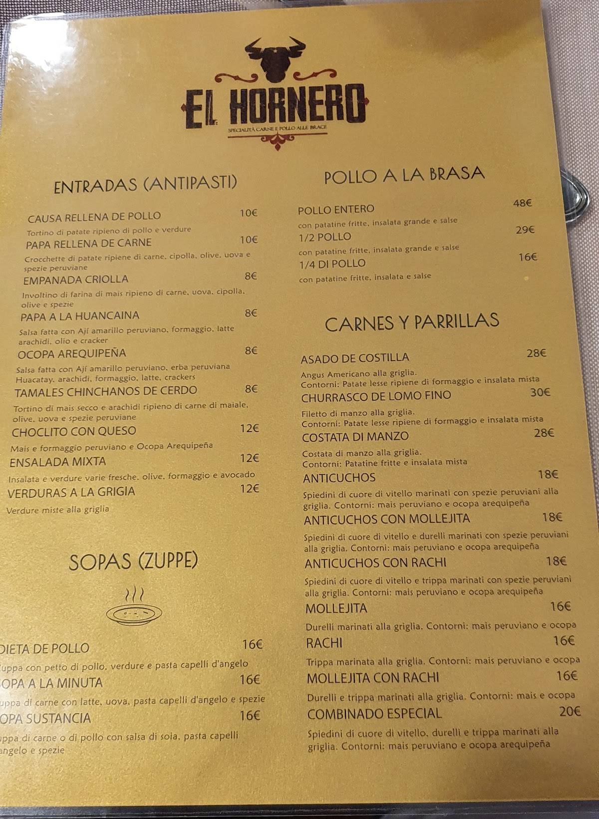 Carta de parrilla El Hornero, Milan, Piazza Monte Titano