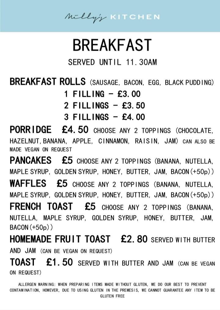 Menu at Milly's Kitchen cafe, Cupar, The Cross