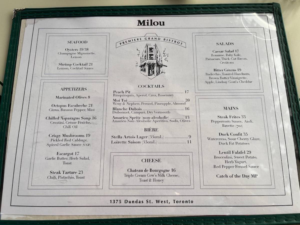 Menu at Milou cafe, Toronto