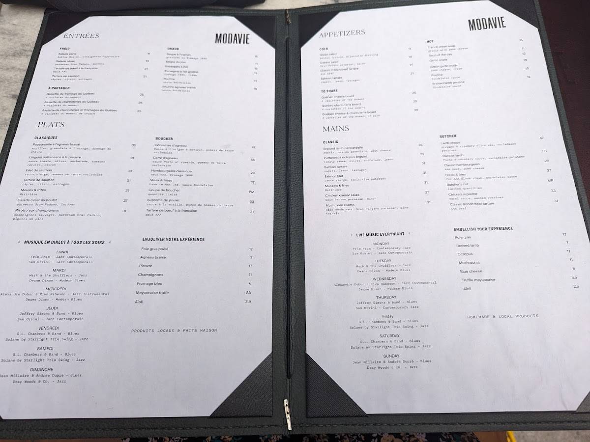 Menu at Modavie restaurant, Montréal, 1 Saint-Paul St W