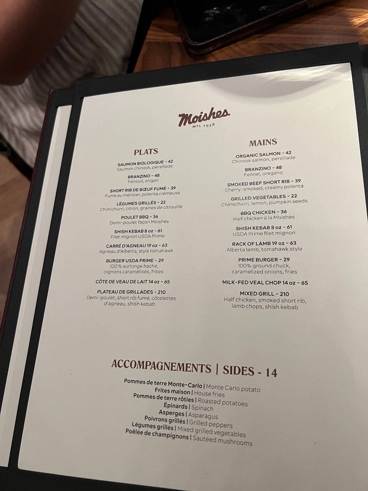 Menu at Moishes steakhouse, Montréal, Rue du Square-Victoria