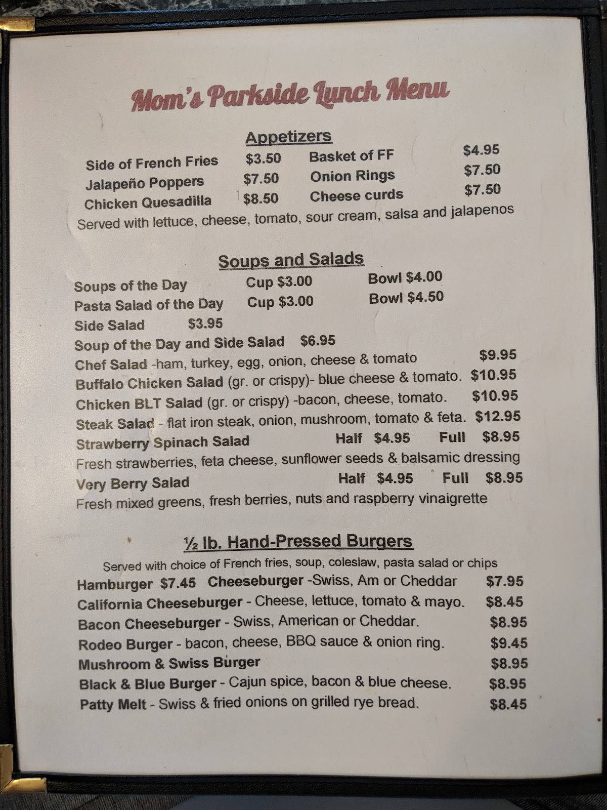 Menu at Mom's Parkside Cafe, Pine City