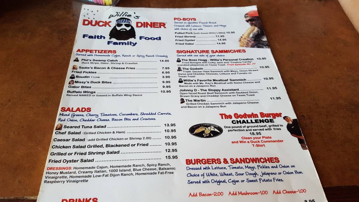 Menu at Willie's Duck Diner restaurant, West Monroe