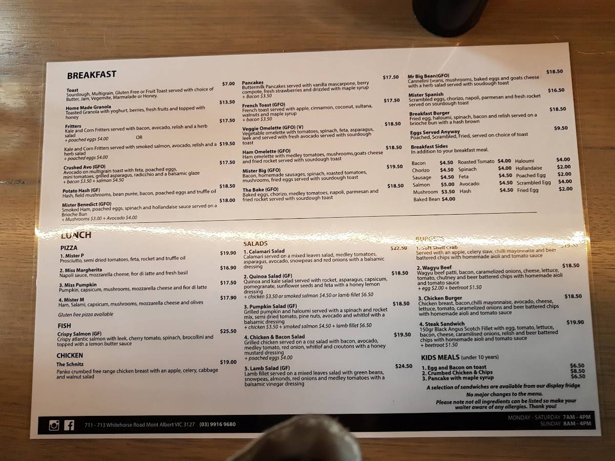 Menu at Mister and Miss cafe, Mont Albert