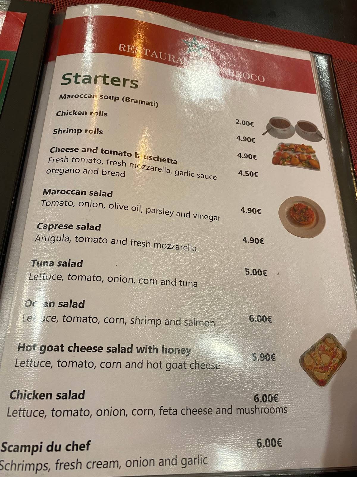 Menu at Moroccan Restaurant, Porto