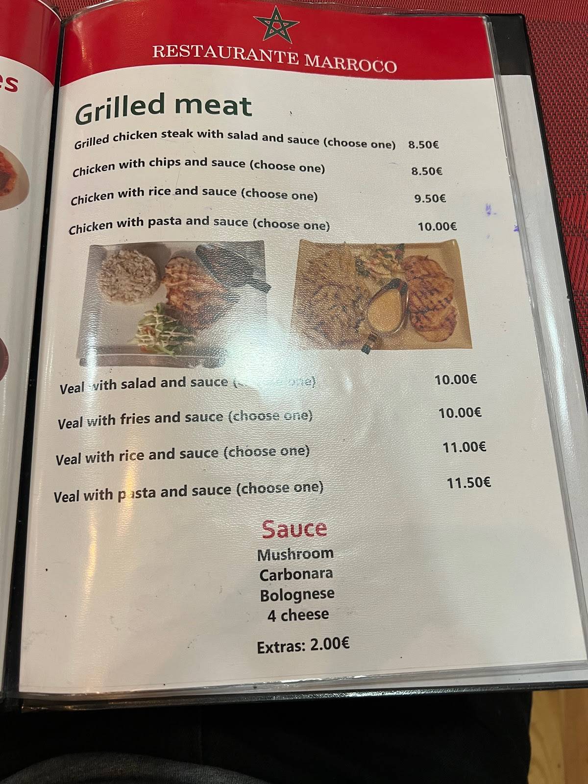 Menu at Moroccan Restaurant, Porto