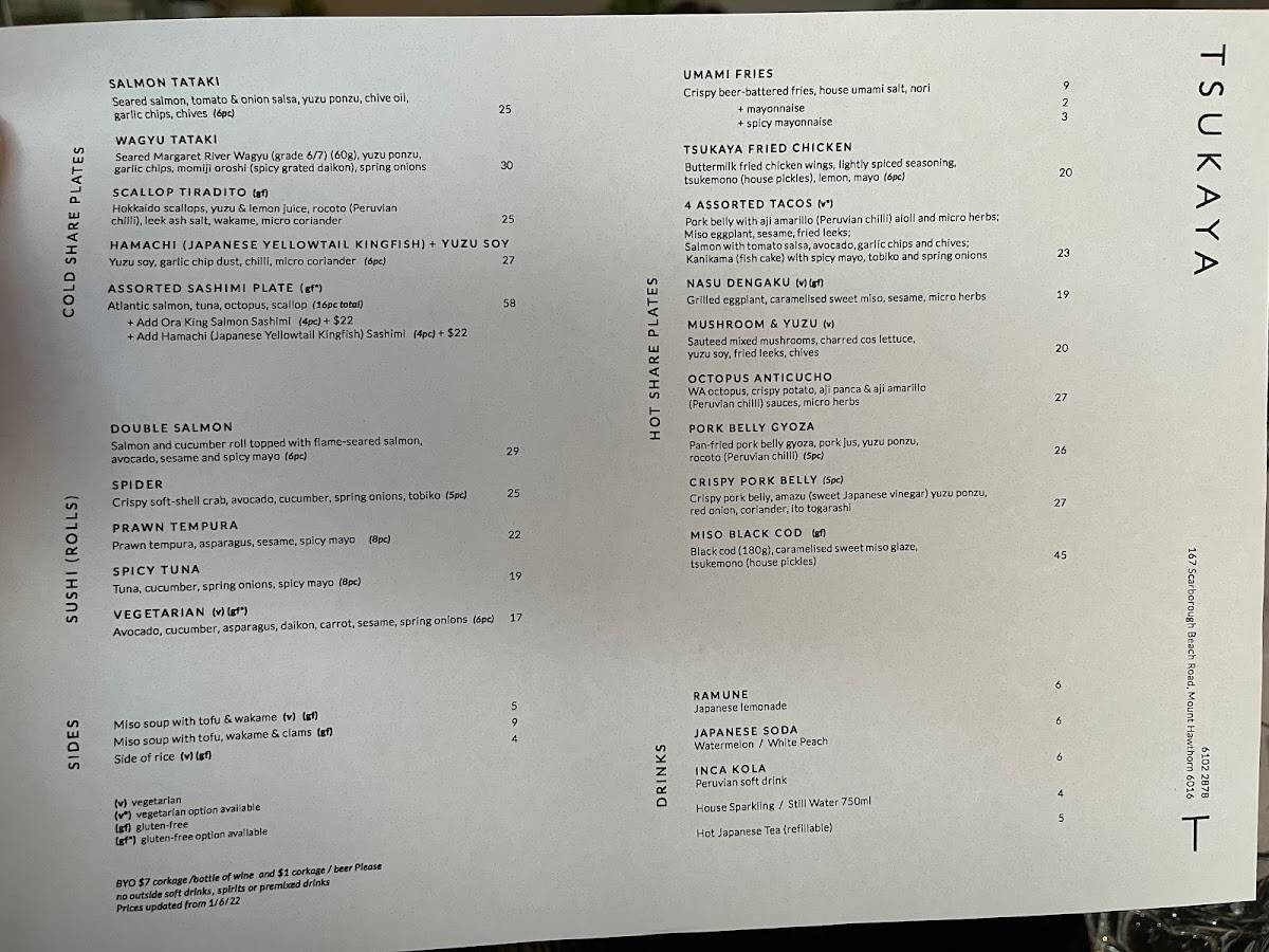 Menu at Tsukaya Restaurant, Mount Hawthorn