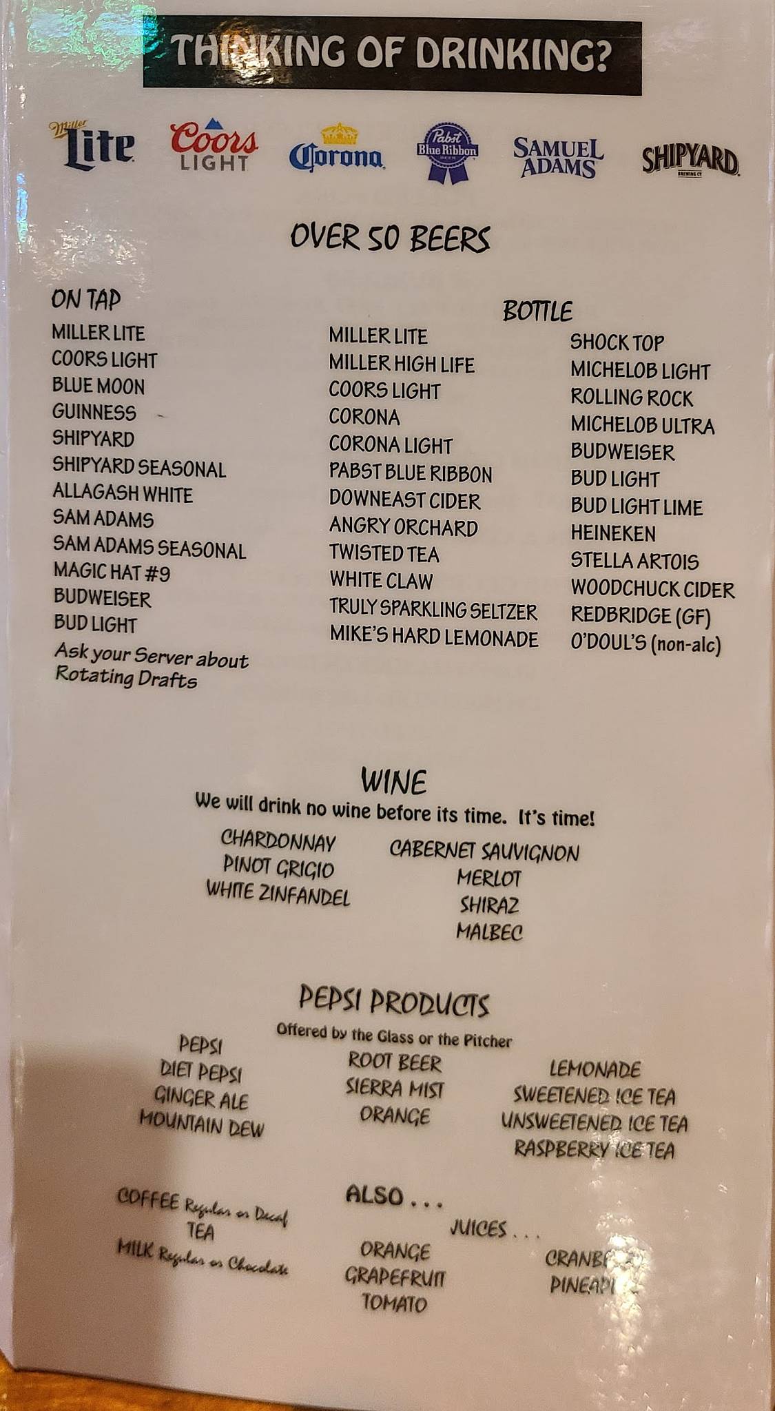 Menu at Mulligan's restaurant, Biddeford